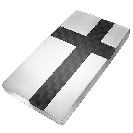 カーボンクロスステンレスマネークリップ 十字架 ロザリオ ブラック 黒 サージカルステンレス316L 丈夫で高級感あり ギフト メンズ レディース 大人 お金を挟む お札  財布 おしゃれ スーツに似合う ステンレス はさむ