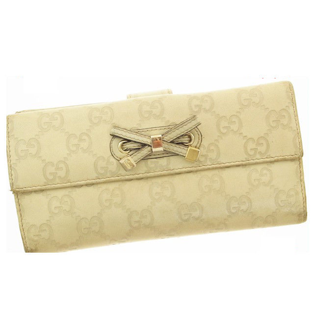 【BIGお買い物ラリー★30%OFFセール中】グッチ GUCCI 長財布グッチシマ ベージュ レディース 中古
