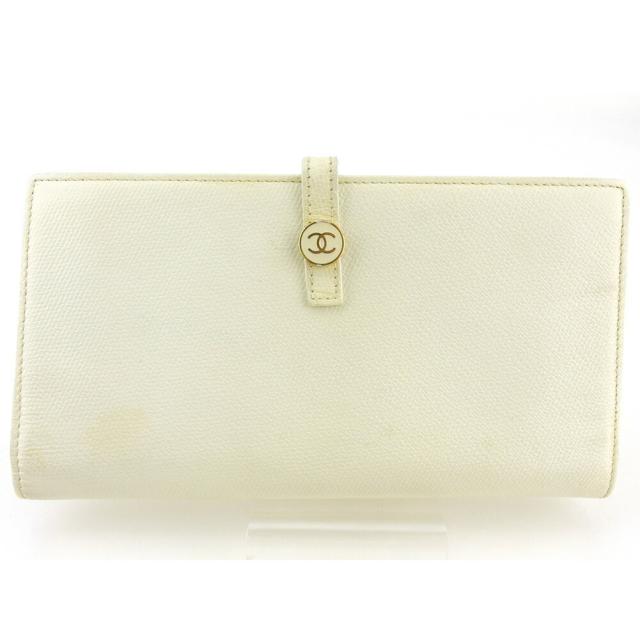 【X'masセール★30%OFF】シャネル CHANEL 長財布ココボタン オールドシャネル ホワイト 白 ゴールド レディース 中古