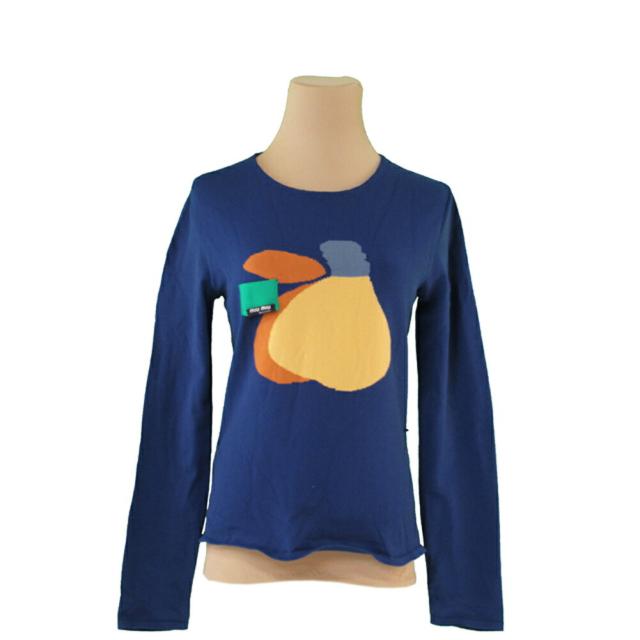 【BIGお買い物ラリー★30%OFFセール中】ミュウミュウ MIUMIU ニットフルーツモチーフ ♯42サイズ ラウンドネック ネイビー イエロー オレンジ系 レディース 中古