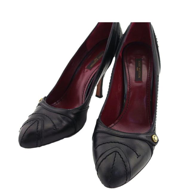 【X'masセール★30%OFF】ルイ・ヴィトン LOUIS VUITTON パンプスステッチ ♯37ハーフ ロゴボタン　ハイヒール ブラック レディース 中古