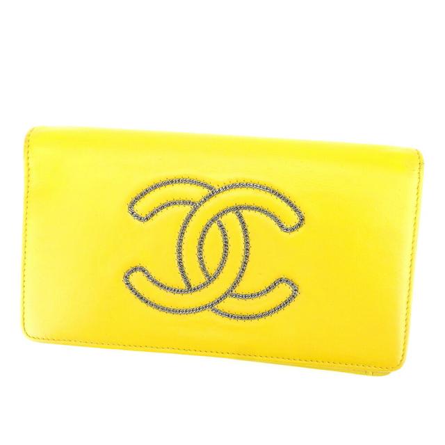 【BIGお買い物ラリー★30%OFFセール中】シャネル CHANEL 長財布チェーンココマーク オールドシャネル イエロー シルバー レディース 中古