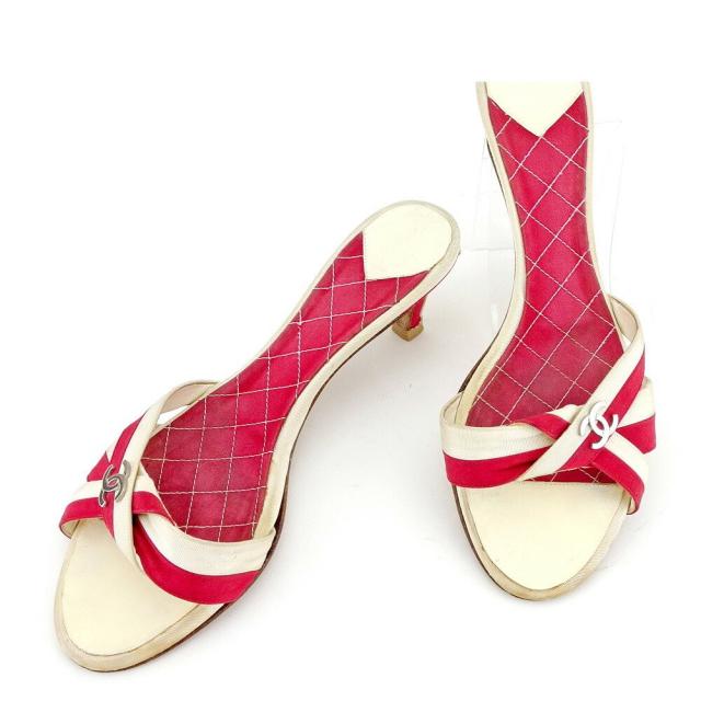 【BIGお買い物ラリー★30%OFFセール中】シャネル CHANEL ミュールココマーク ♯37ハーフC サンダル ベージュ レッド シルバー レディース 中古