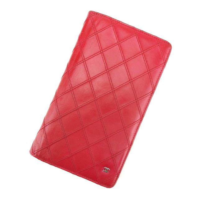 【BIGお買い物ラリー★30%OFFセール中】シャネル CHANEL 長財布ビコローレ ダブルステッチ ココマーク レッド シルバー レディース 中古