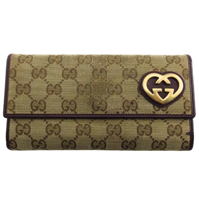 【BIGお買い物ラリー★30%OFFセール中】グッチ GUCCI 長財布GGキャンバス ラブリーハート ベージュ ブラウン レディース 中古