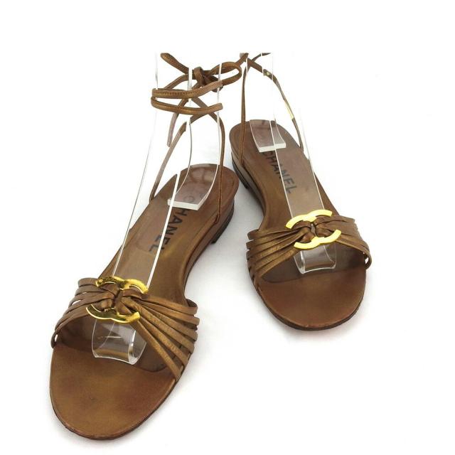 【X'masセール★30%OFF】シャネル CHANEL サンダルココマーク フラット レースアップ ブラウン ゴールド レディース 中古