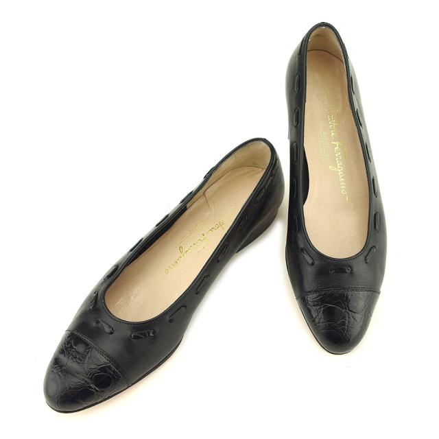 【X'masセール★30%OFF】サルヴァトーレフェラガモ Salvatore Ferragamo パンプスクロコダイル型押し #5 ブラック レディース 中古