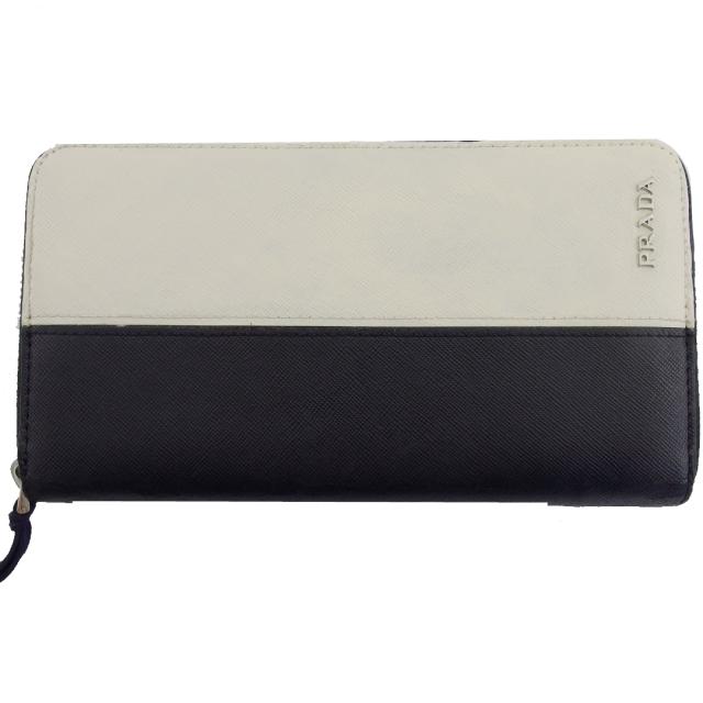 【BIGお買い物ラリー★30%OFFセール中】プラダ PRADA 長財布バイカラー ロゴ ブラック ホワイト 白 レディース 中古