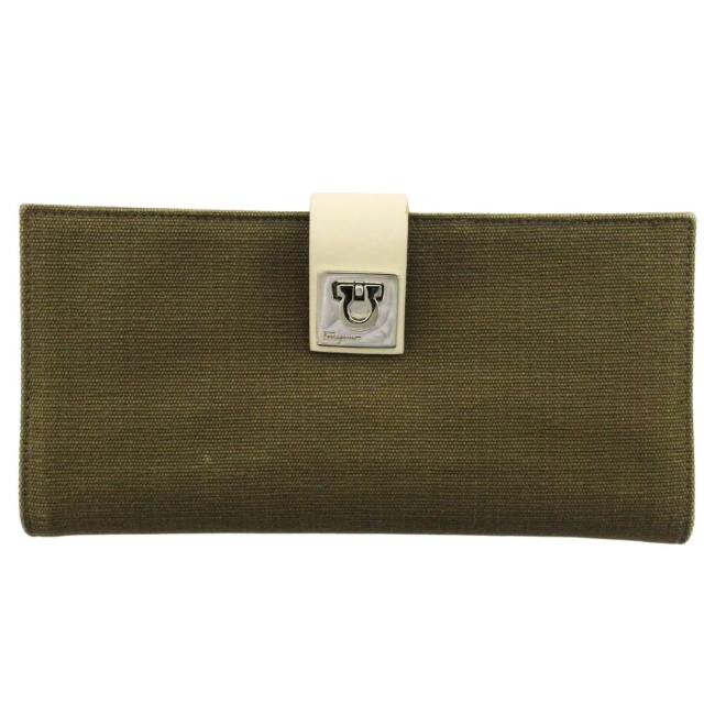 【BIGお買い物ラリー★30%OFFセール中】サルヴァトーレフェラガモ Salvatore Ferragamo 長財布ガンチーニ カーキ×アイボリー×シルバー レディース 中古