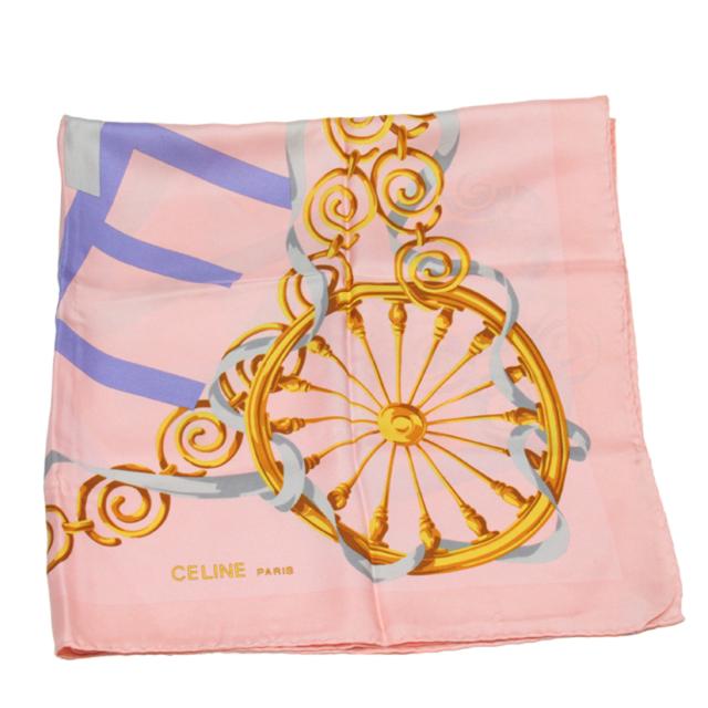 【BIGお買い物ラリー★30%OFFセール中】セリーヌ CELINE スカーフロゴ プリント マルチカラー ピンク イエロー系 レディース 中古