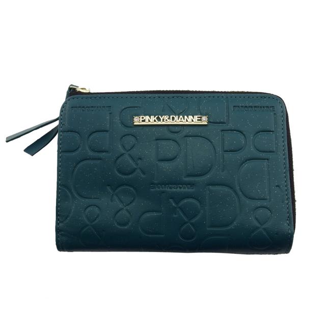 【BIGお買い物ラリー★30%OFFセール中】ピンキーアンドダイアン Pinky＆Dianne 長財布P＆D柄 ラメ入り ロゴプレート ラインストーン グリーン レディース 中古