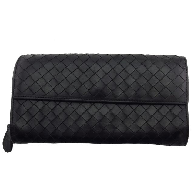 【BIGお買い物ラリー★30%OFFセール中】ボッテガヴェネタ BOTTEGAVENETA 長財布イントレチャート ブラック レディース 中古