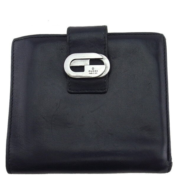 【BIGお買い物ラリー★30%OFFセール中】グッチ GUCCI 三つ折り財布 ブラック×真鍮シルバー レディース 中古
