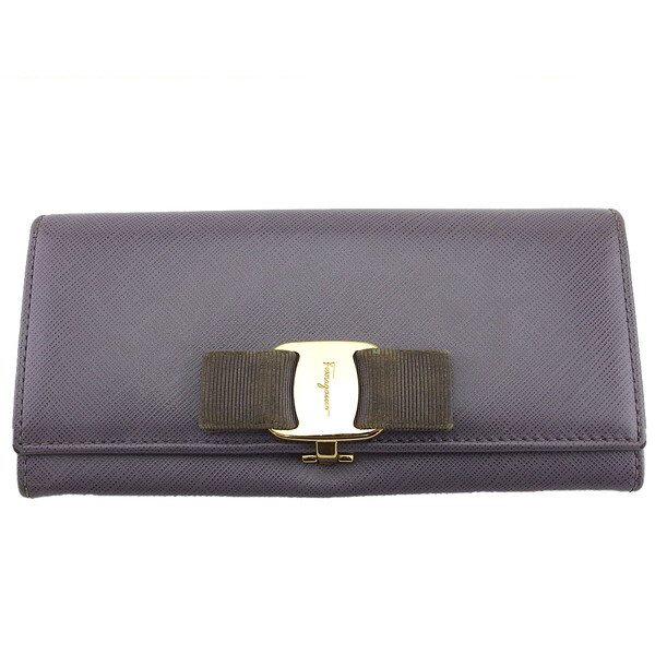 【BIGお買い物ラリー★30%OFFセール中】サルヴァトーレフェラガモ Salvatore Ferragamo 長財布ヴァラリボン グレー×ゴールド レディース 中古