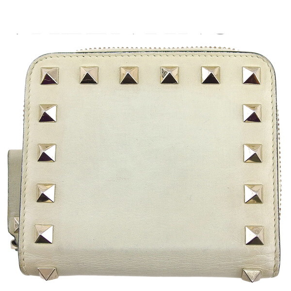 【X'masセール★30%OFF】ヴァレンティノ VALENTINO 長財布 ロックスタッズ アイボリー×ブラック×シルバー レディース 中古