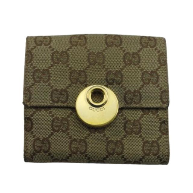 【BIGお買い物ラリー★30%OFFセール中】グッチ GUCCI 二つ折り財布GG柄 ロゴプレート付き ベージュ系×ホワイト×ゴールド レディース 中古