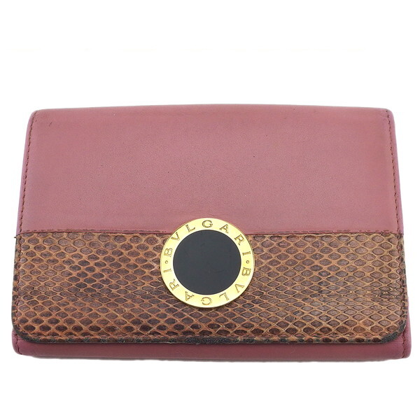 【BIGお買い物ラリー★30%OFFセール中】ブルガリ BVLGARI 三つ折り財布ブルガリブルガリ ピンク　パイソン レディース 中古