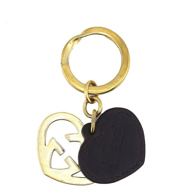 【BIGお買い物ラリー★30%OFFセール中】グッチ GUCCI キーリングインターロッキングハートプレート ゴールド×ダークブラウン レディース 中古