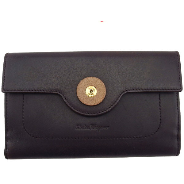 【X'masセール★30%OFF】サルヴァトーレフェラガモ Salvatore Ferragamo 二つ折り財布ロゴ ブラウン レディース 中古