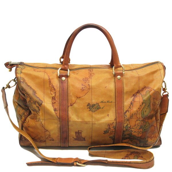 【BIGお買い物ラリー★30%OFFセール中】プリマクラッセ PRIMA CLASSE ボストンバッグ地図柄 2WAYショルダー ベージュ ブラウン系 レディース 中古