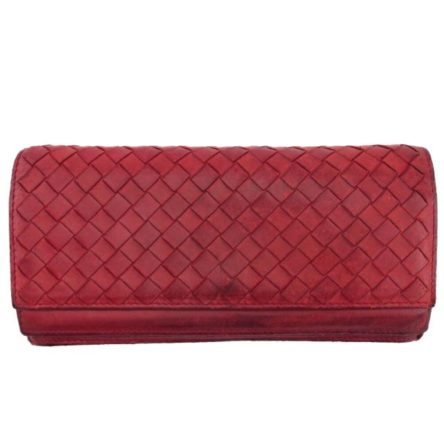 【BIGお買い物ラリー★30%OFFセール中】ボッテガヴェネタ BOTTEGAVENETA 長財布 イントレチャート レッド レディース 中古