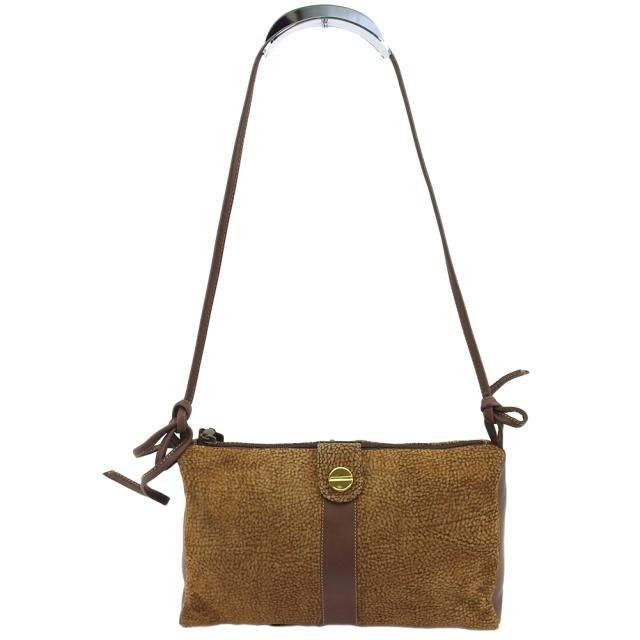 【BIGお買い物ラリー★30%OFFセール中】ボルボネーゼ BORBONESE ショルダーバッグうずら柄 ベージュ×ブラウン×ゴールド レディース 中古