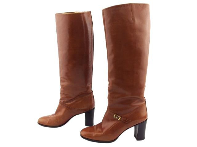 【X'masセール★30%OFF】サルヴァトーレフェラガモ Salvatore Ferragamo ブーツロングブーツ #7B Fマークベルト付き ライトブラウン ブラウン レディース 中古
