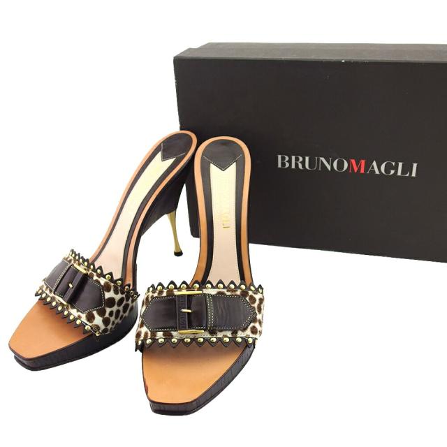 【BIGお買い物ラリー★30%OFFセール中】ブルーノマリ Bruno Magli ミュールベルトデザイン ♯38ハーフ ピンヒール ブラウン ベージュ レディース 中古