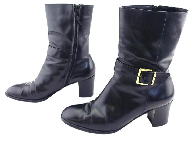 【BIGお買い物ラリー★30%OFFセール中】サルヴァトーレフェラガモ Salvatore Ferragamo ブーツショートブーツ #7C ミドルブーツ ベルトデザイン ブラック レディース 中古