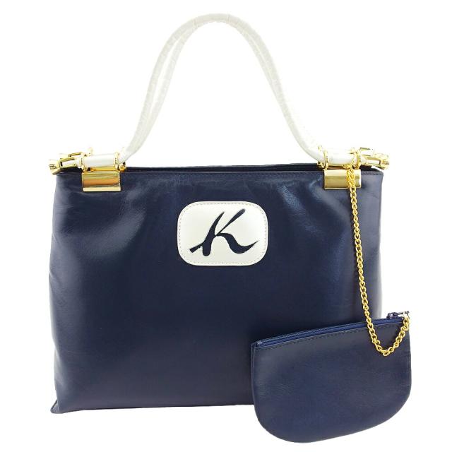 【BIGお買い物ラリー★30%OFFセール中】キタムラ Kitamura ハンドバッグKマーク ミニポーチ付き ネイビー ホワイト 白 レディース 中古