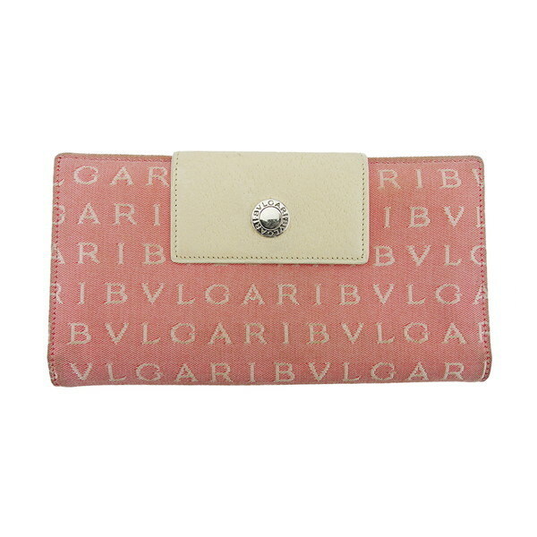 【BIGお買い物ラリー★30%OFFセール中】ブルガリ BVLGARI 二つ折り財布ロゴマニア ピンク　アイボリー　シルバー レディース 中古