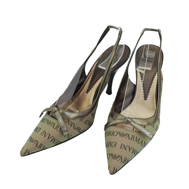 【BIGお買い物ラリー★30%OFFセール中】エンポリオ・アルマーニ Emporio Armani パンプスロゴ柄 ♯37 ポインテッドトゥ ベージュ ブロンズ ブラック レディース 中古