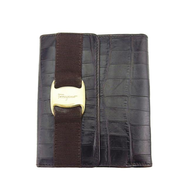 【BIGお買い物ラリー★30%OFFセール中】サルヴァトーレフェラガモ Salvatore Ferragamo 二つ折り財布ヴァラ金具 ダークブラウン×ゴールド レディース 中古