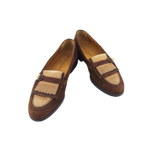 【BIGお買い物ラリー★30%OFFセール中】サンローラン SAINT LAURENT ローファーフリンジ ♯25 3E スリッポン ブラウン ベージュ ゴールド レディース 中古