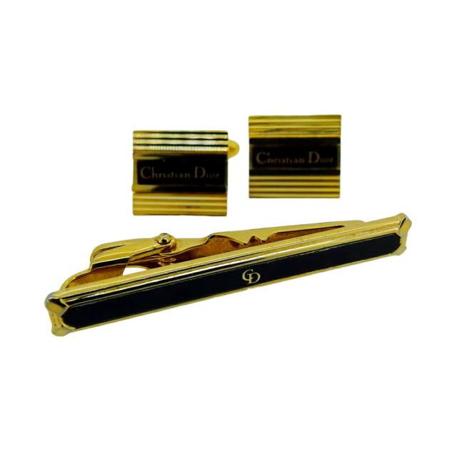 【X'masセール★30%OFF】ディオール Dior カフス2アイテムセット ロゴ CDマーク スウィヴル式 ワニロ式 ゴールド ブラック レディース 中古