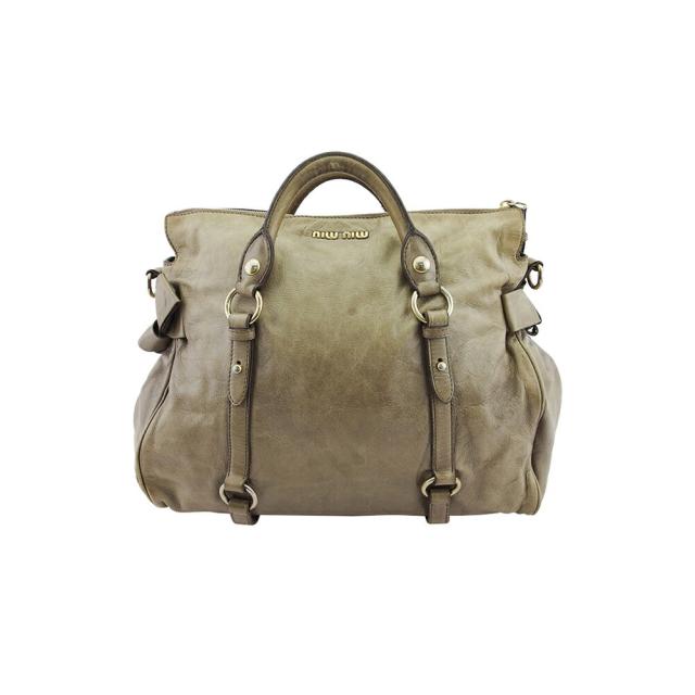 【BIGお買い物ラリー★30%OFFセール中】ミュウミュウ MIUMIU ショルダーバッグサイドリボン グレー 灰色 ベージュ ゴールド レディース 中古