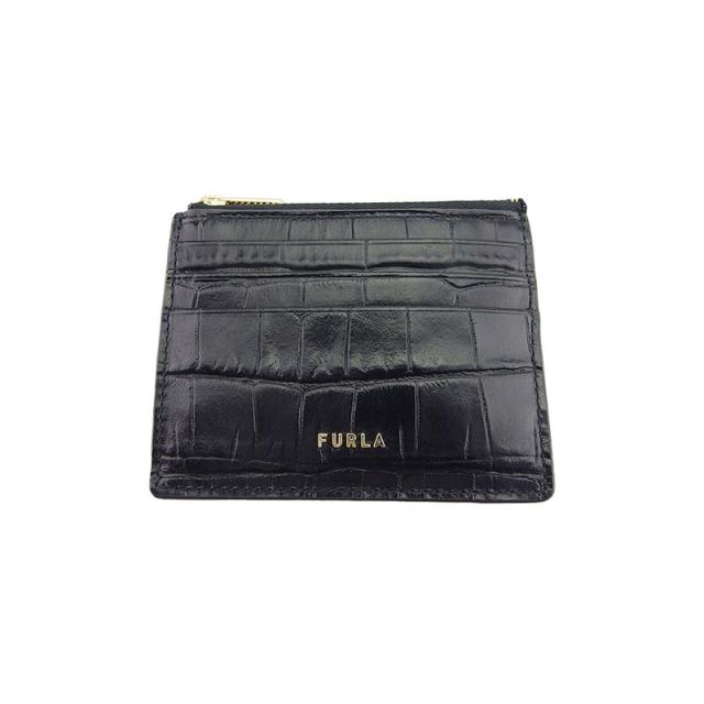 【BIGお買い物ラリー★30%OFFセール中】フルラ Furla カードケースクロコ調 ブラック ゴールド レディース 中古
