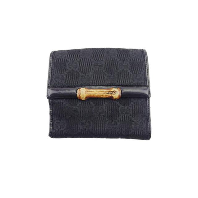 【X'masセール★30%OFF】グッチ GUCCI 二つ折り財布GGキャンバス バンブー ブラック ベージュ レディース 中古