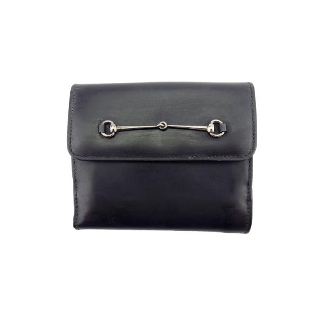【BIGお買い物ラリー★30%OFFセール中】グッチ GUCCI 二つ折り財布ホースビット ブラック シルバー レディース 中古