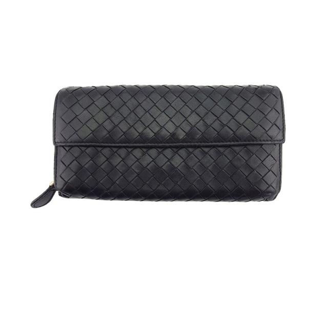 【BIGお買い物ラリー★30%OFFセール中】ボッテガヴェネタ BOTTEGAVENETA 長財布イントレチャート ブラック ゴールド レディース 中古