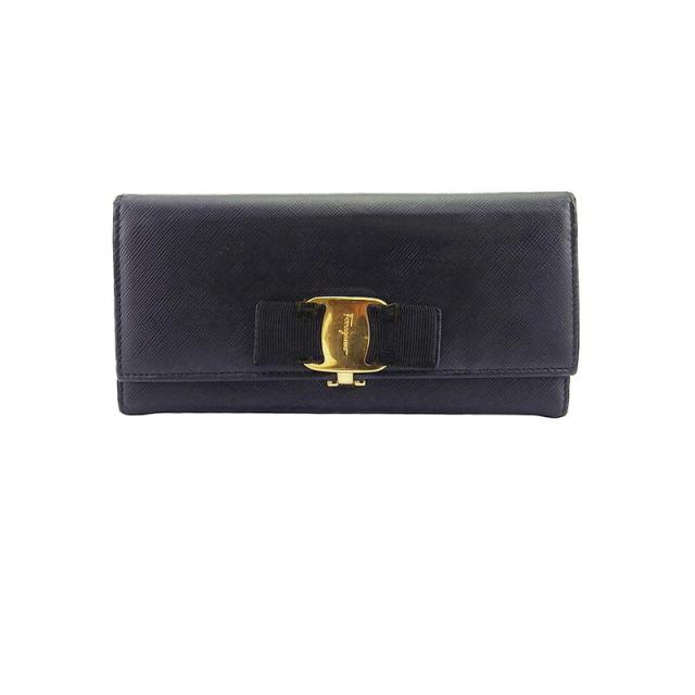 【BIGお買い物ラリー★30%OFFセール中】サルヴァトーレフェラガモ Salvatore Ferragamo 長財布ヴァラリボン ブラック ゴールド レディース 中古
