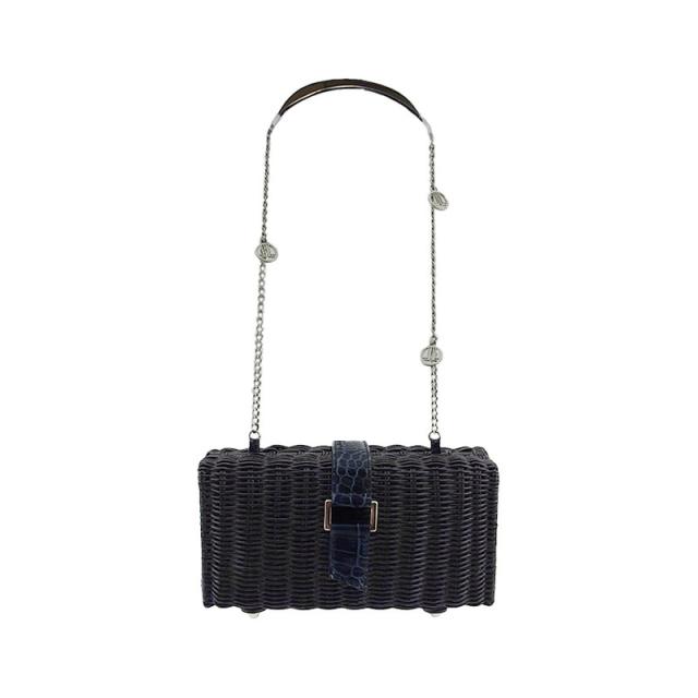 【BIGお買い物ラリー★30%OFFセール中】ランバン LANVIN ハンドバッグカゴ 2WAY チェーンショルダー ブラック ネイビー シルバー レディース 中古