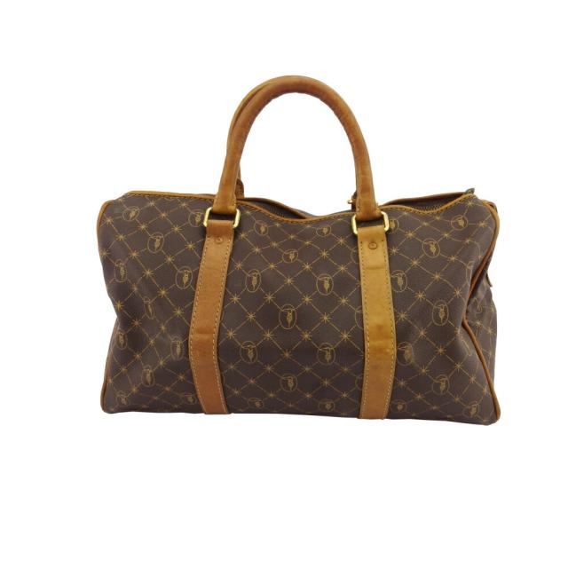 【BIGお買い物ラリー★30%OFFセール中】トラサルディ TRUSSARDI ボストンバッググレイハウンド柄 ブラウン ベージュ ゴールド レディース 中古