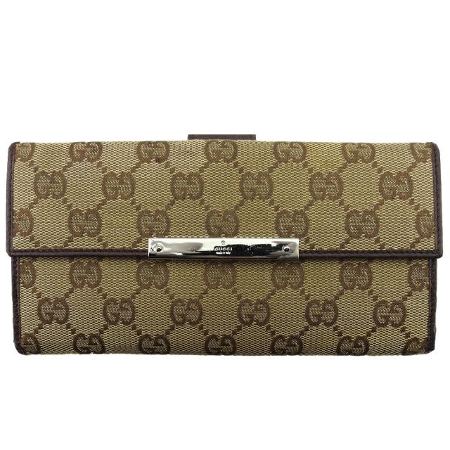【BIGお買い物ラリー★30%OFFセール中】グッチ GUCCI 二つ折り財布GGキャンバス ブラウン　ベージュ レディース 中古