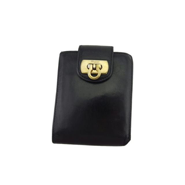 【BIGお買い物ラリー★30%OFFセール中】サルヴァトーレフェラガモ Salvatore Ferragamo 二つ折り財布ガンチーニ ブラック ゴールド レディース 中古