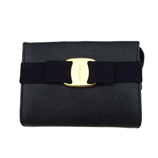 【X'masセール★30%OFF】サルヴァトーレフェラガモ Salvatore Ferragamo ポーチヴァラリボン リザード調 ネイビー　ゴールド レディース 中古