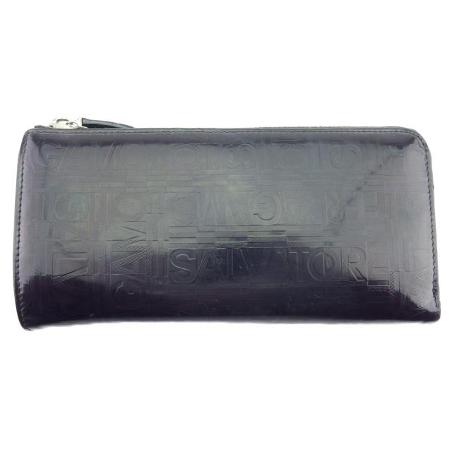 【BIGお買い物ラリー★30%OFFセール中】サルヴァトーレフェラガモ Salvatore Ferragamo 長財布ロゴ柄 ネイビー シルバー レディース 中古