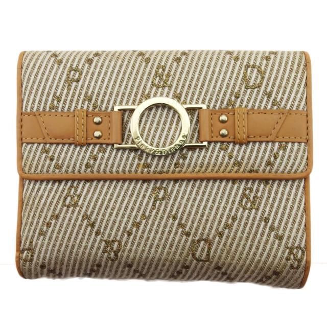 【X'masセール★30%OFF】ピンキー＆ダイアン Pinky&Dianne 二つ折り財布P＆D ダイヤ柄 ロゴリング付き ベージュ ゴールド レディース 中古