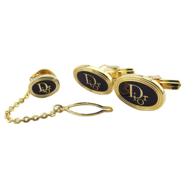 【X'masセール★30%OFF】ディオール Dior カフス2アイテムセット ロゴ スウィヴル式 タイタック ゴールド ブラック レディース 中古