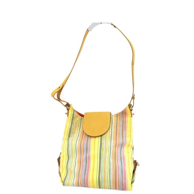 【BIGお買い物ラリー★30%OFFセール中】ハンティングワールド HUNTING WORLD ショルダーバッグマルチストライプ エレファントマーク ベージュ イエロー ピンク系 レディース 中古